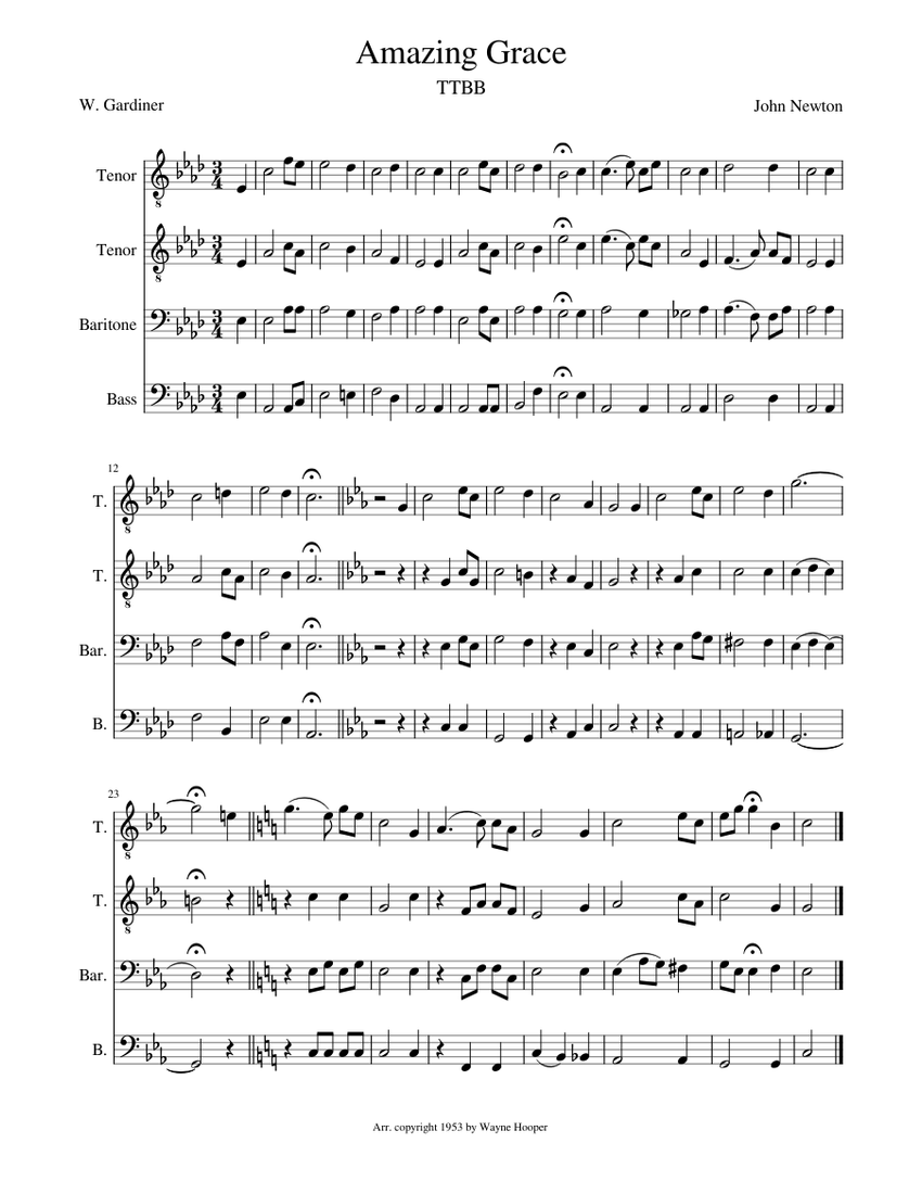 Amazing Grace TTBB Sheet music for Tenor, Bass voice, Baritone (Choral ...
