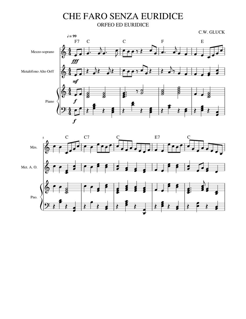 CHE FARO SENZA EURIDICE Sheet music for Piano (Solo) | Musescore.com