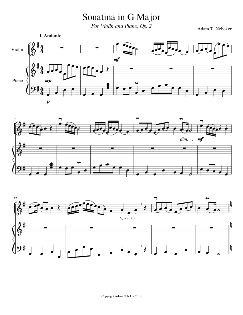 Sonatina in G Major for Violin and Piano, Op. 1 Sheet music for Piano ...
