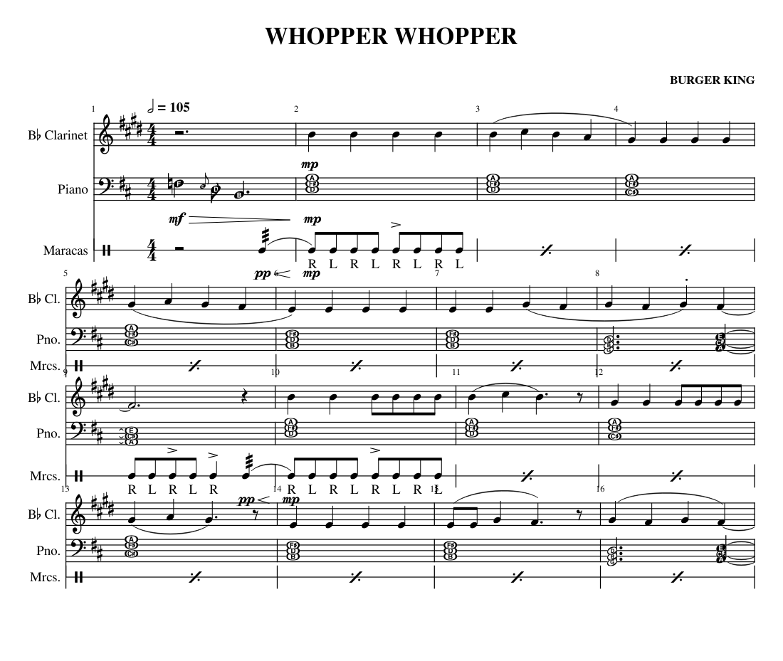 Whopper Whopper – Burger King for Bb Clarinet, Piano, and Maracas Sheet ...