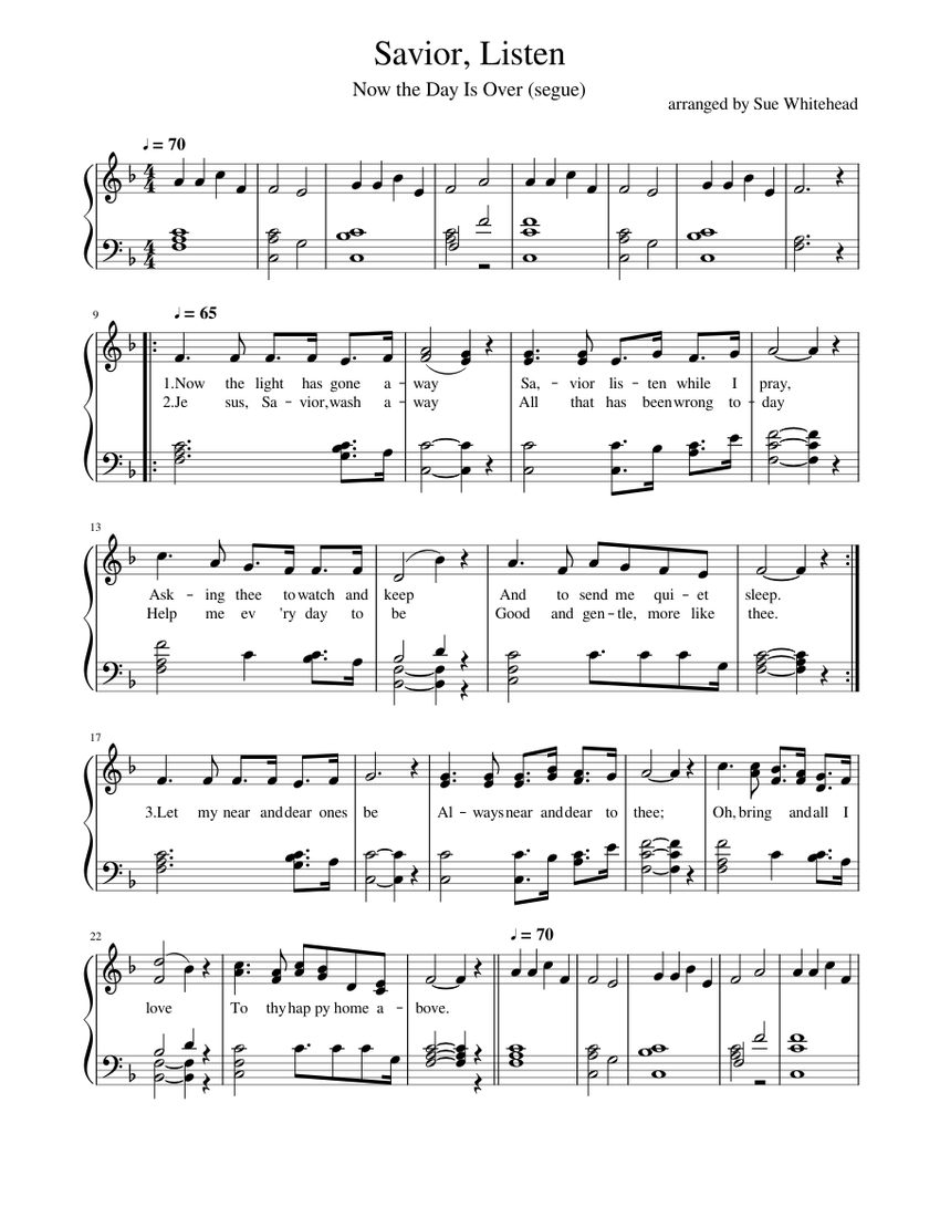 Savior Listen (with Now the Day Is Over segue) Sheet music for Piano ...