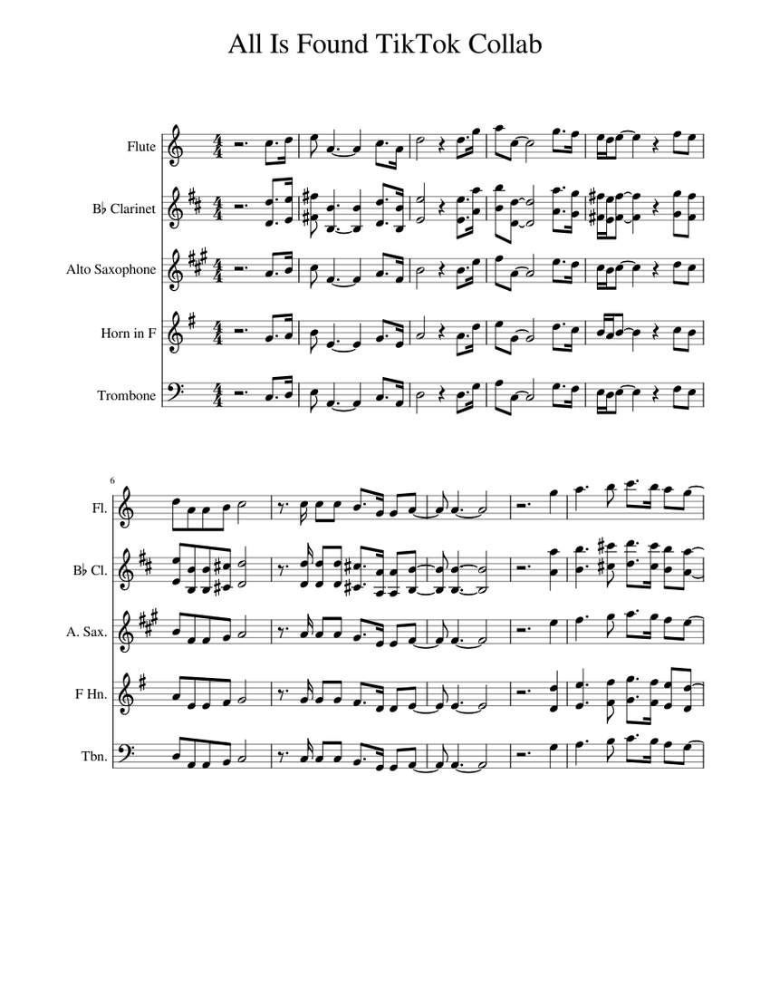 All Is Found TikTok Collab Sheet music for Trombone, Flute, Clarinet in ...