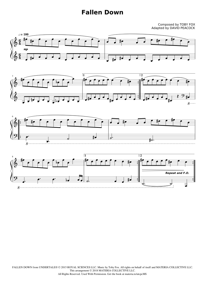 Fallen Down (UNDERTALE Complete Piano Sheet Music) Sheet Music for ...