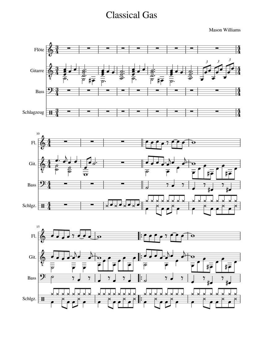 Classical gas – Mason Williams Gitar, Bass, Drumset, Melodie (Flöte ...