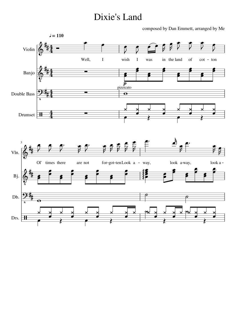 Dixie's Land Sheet music for Contrabass, Violin, Drum group, Banjo ...