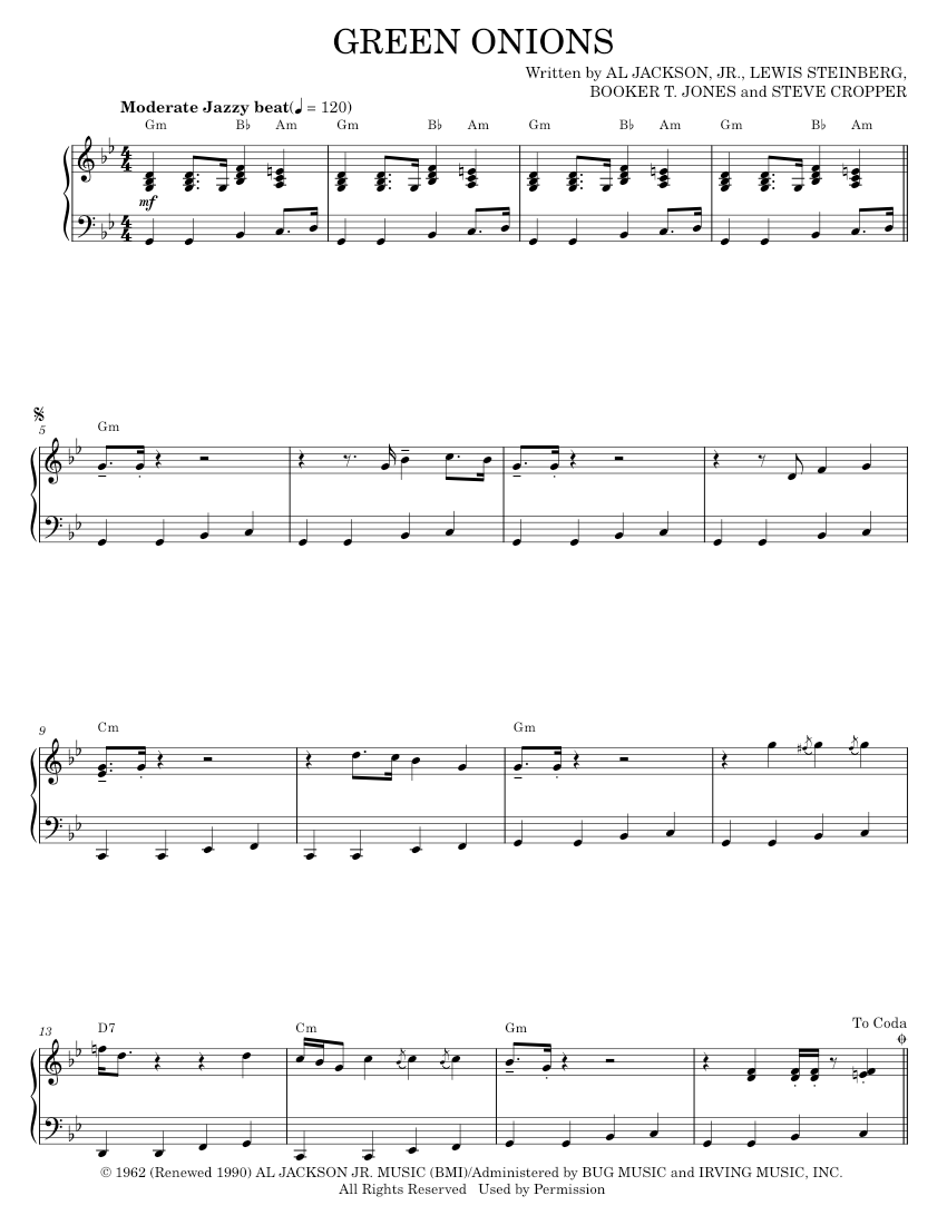 Green Onions Sheet music for Piano by Booker T. & The MG's, The Young ...