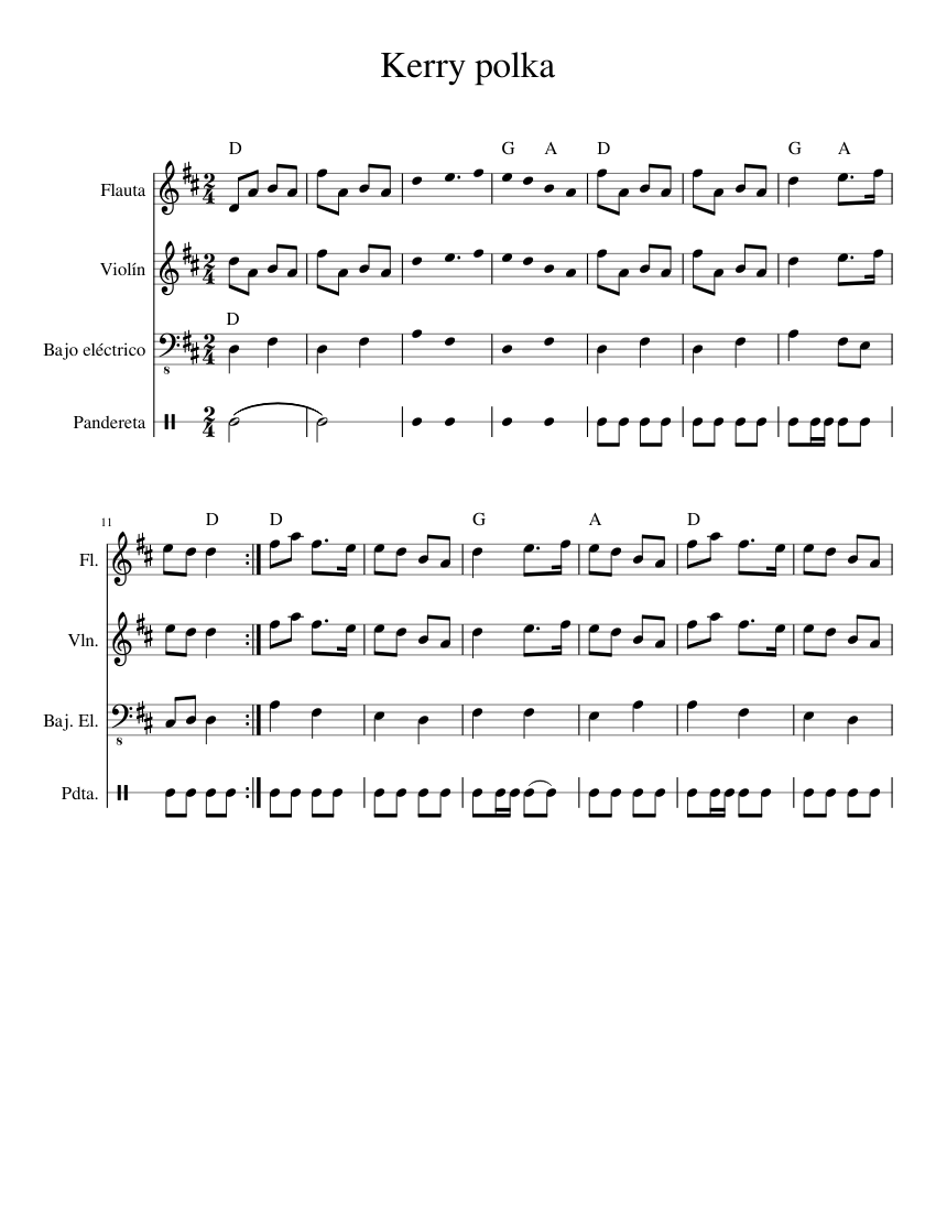 Kerry polka Sheet music for Tambourine, Flute, Violin, Bass guitar ...