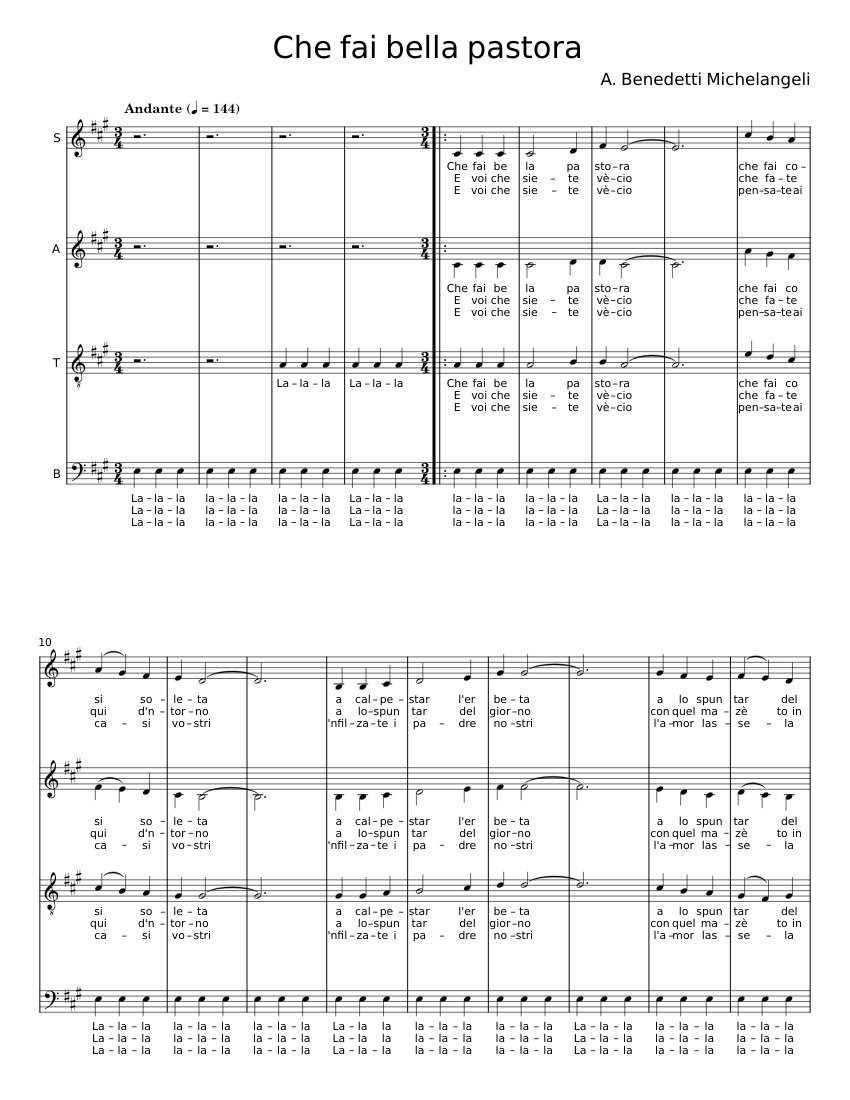 Che fai bella pastora Sheet music for Synthesizer (Mixed Quartet ...