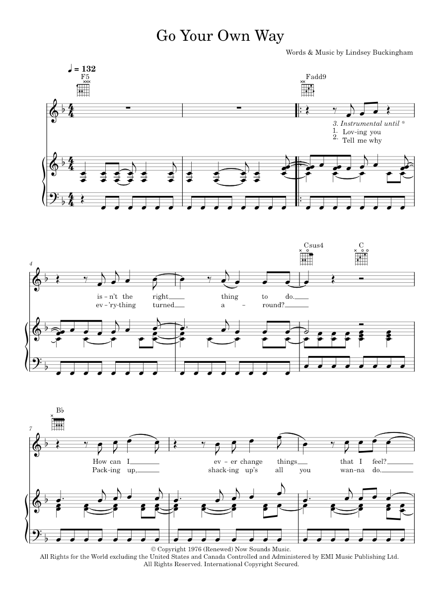 Play Official version of Go your own way sheet music by Fleetwood Mac for Piano, Vocals ...