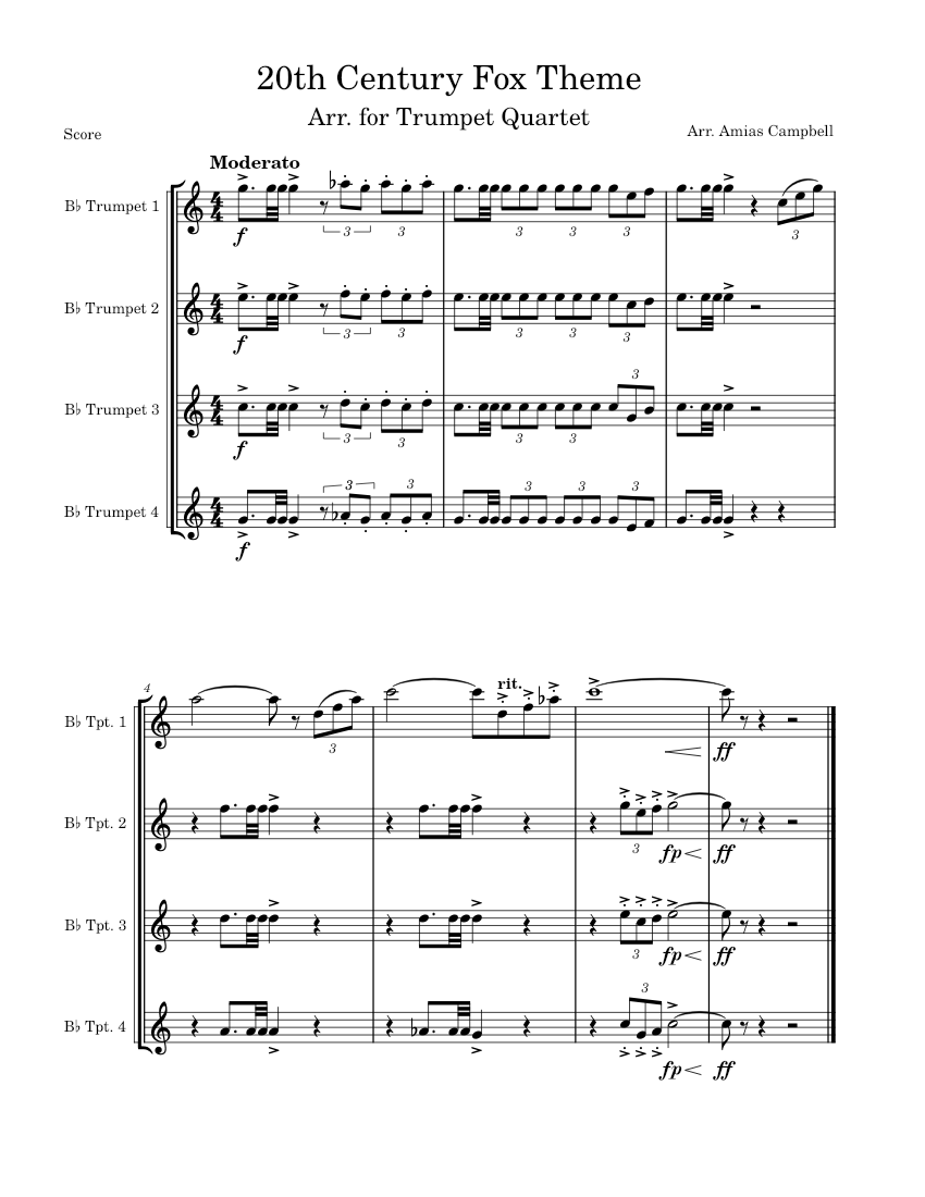 20th Century Fox Theme, Arr. for Trumpet Quartet Sheet music for Trumpet in b-flat (Mixed ...
