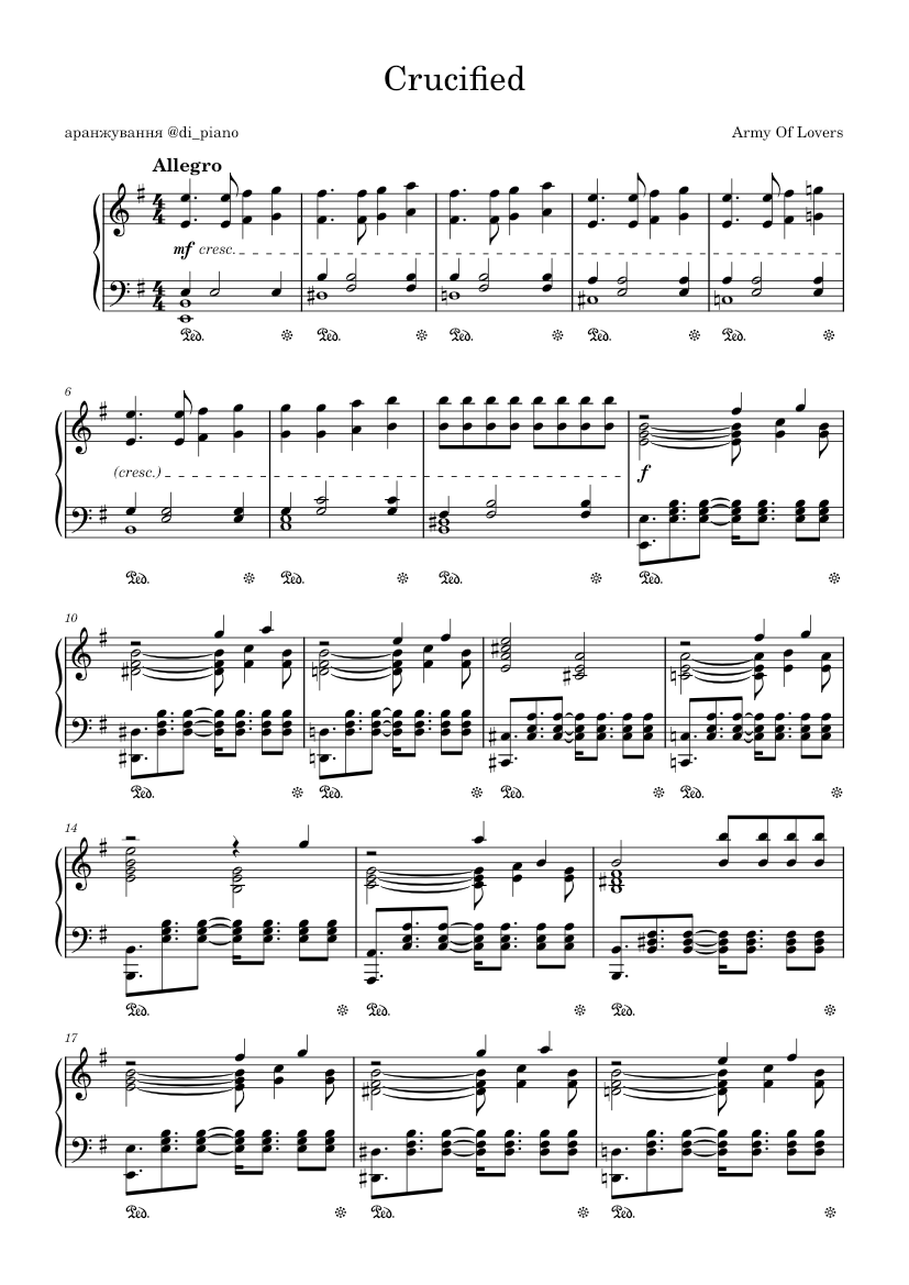 Crucified – Army of Lovers Sheet Music for Piano (Solo) | MuseScore.com