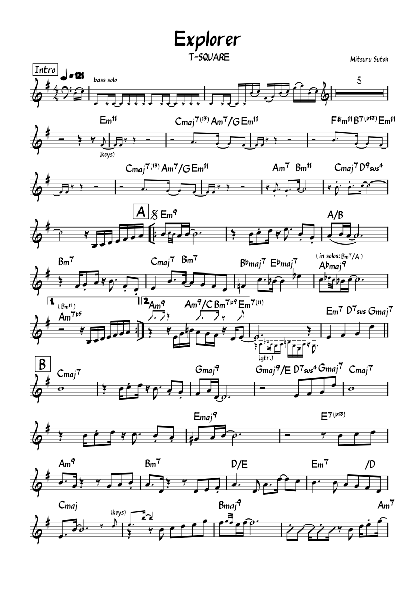 T-Square - Explorer Sheet Music with Chords for Piano (Jazz Band) Easy ...
