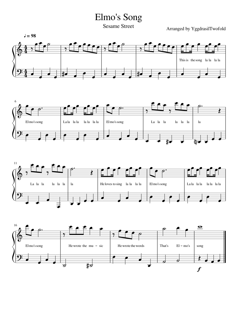 Elmo's Song from Sesame Street for Piano Sheet Music for Piano (Solo ...
