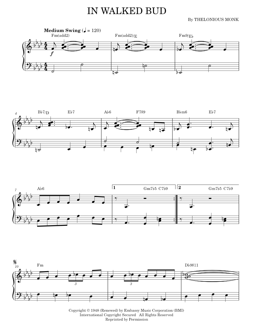 In Walked Bud Sheet music for Piano by Thelonious Monk Official ...
