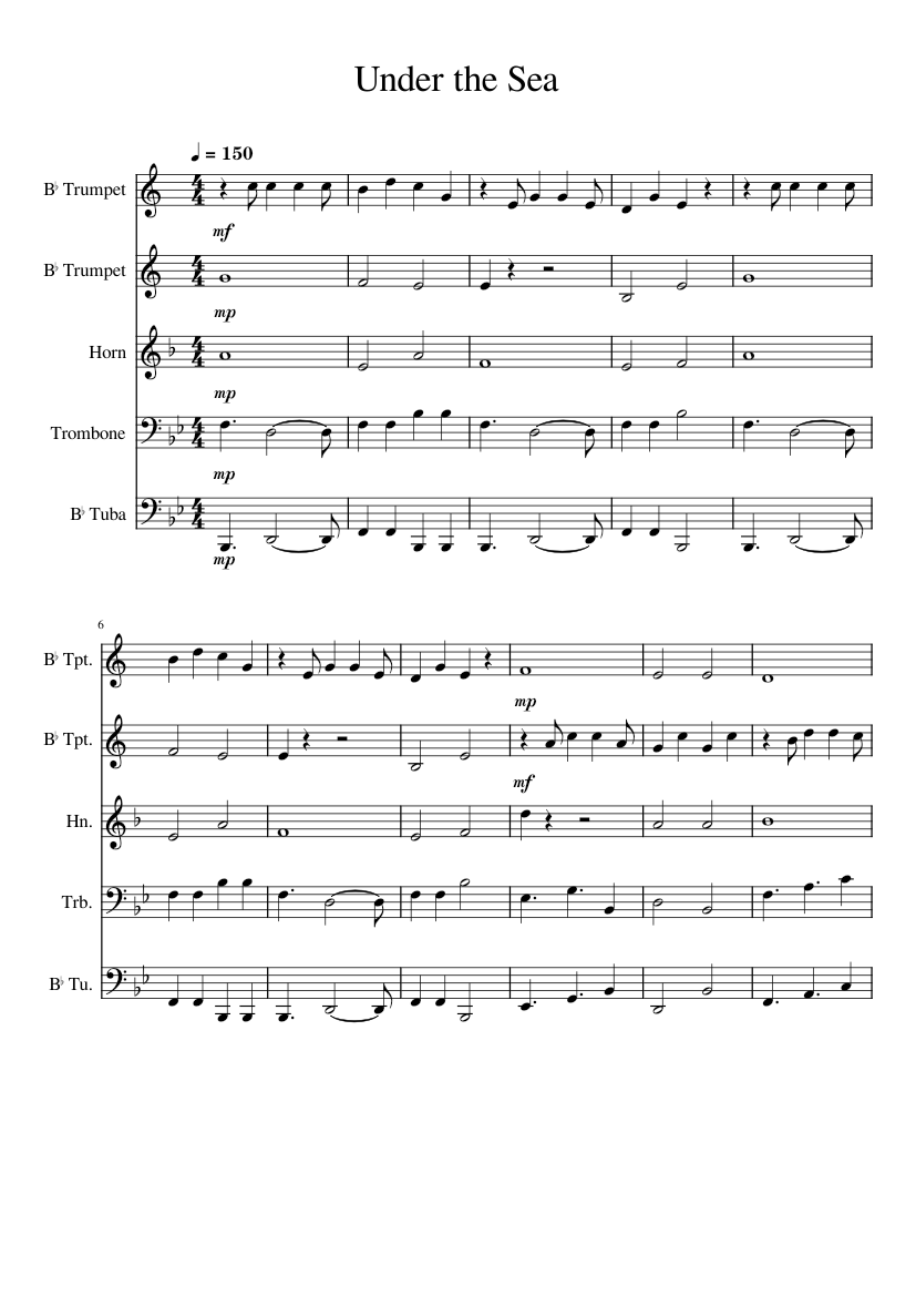 Under the Sea for Brass Quintet Sheet Music for Trombone, Tuba, French ...