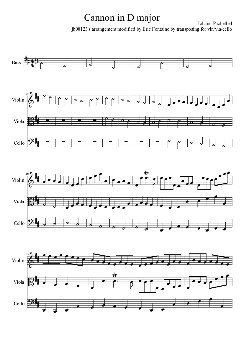 Canon in D major (vln/vla/cello+bass) Sheet music for Violin, Viola ...
