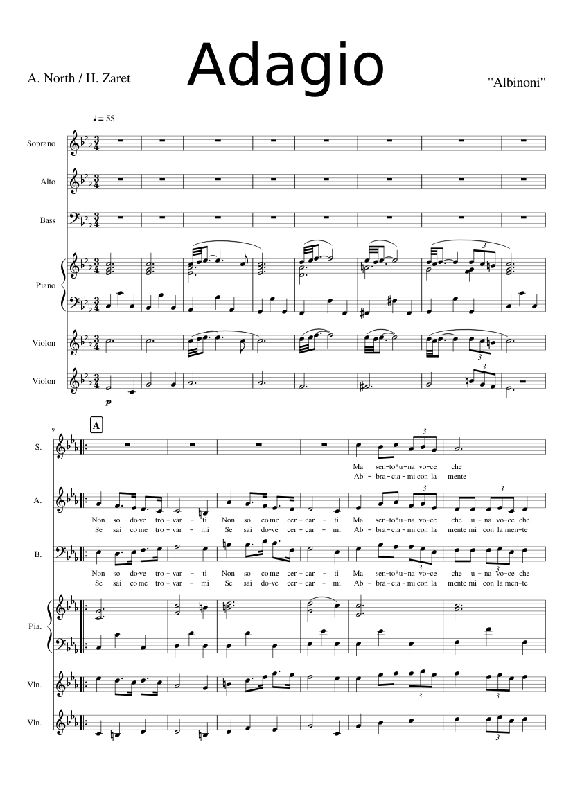 Adagio - Albinoni Sheet Music for Piano, Soprano, Alto, Bass voice ...