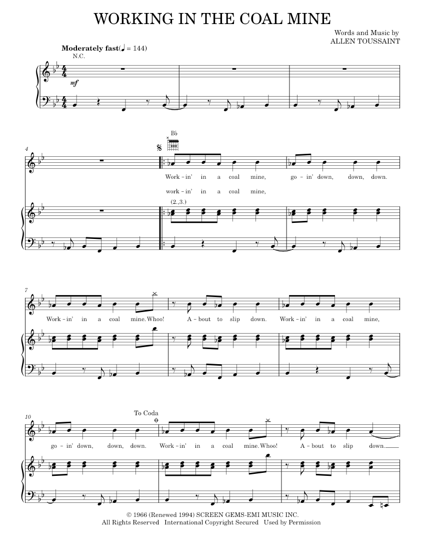 Play Official version of Working In The Coal Mine sheet music by Allen ...