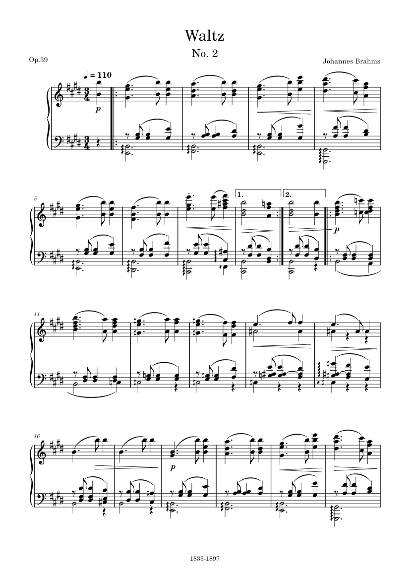 Waltz No. 2 in E Major, Op.39 - Johannes Brahms Sheet music for Piano (Solo) | Musescore.com