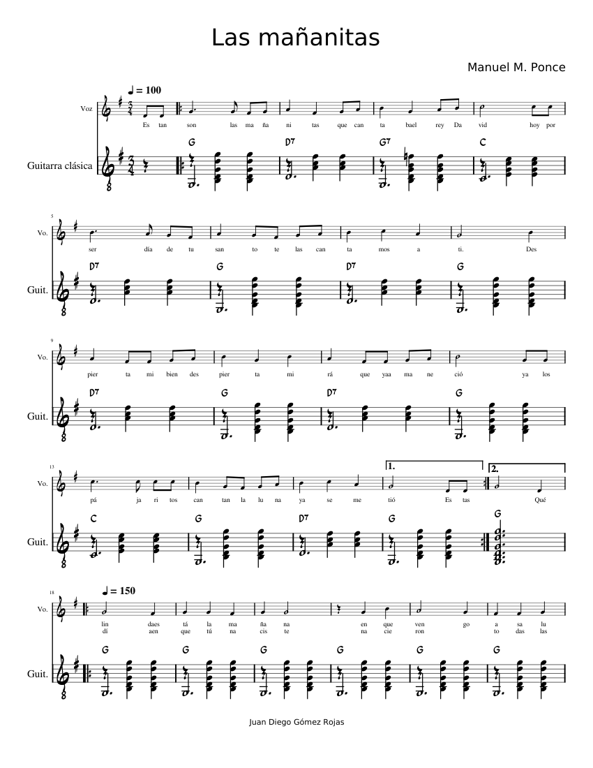 Las mañanitas Sheet music for Vocals, Guitar (Mixed Duet) | Musescore.com