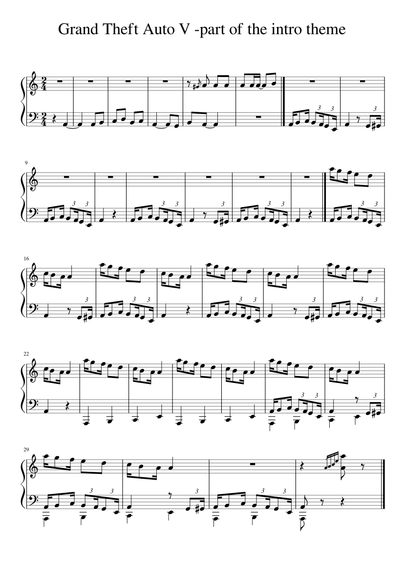 Grand Theft Auto V (5) - Part of the intro theme Sheet Music for Piano ...