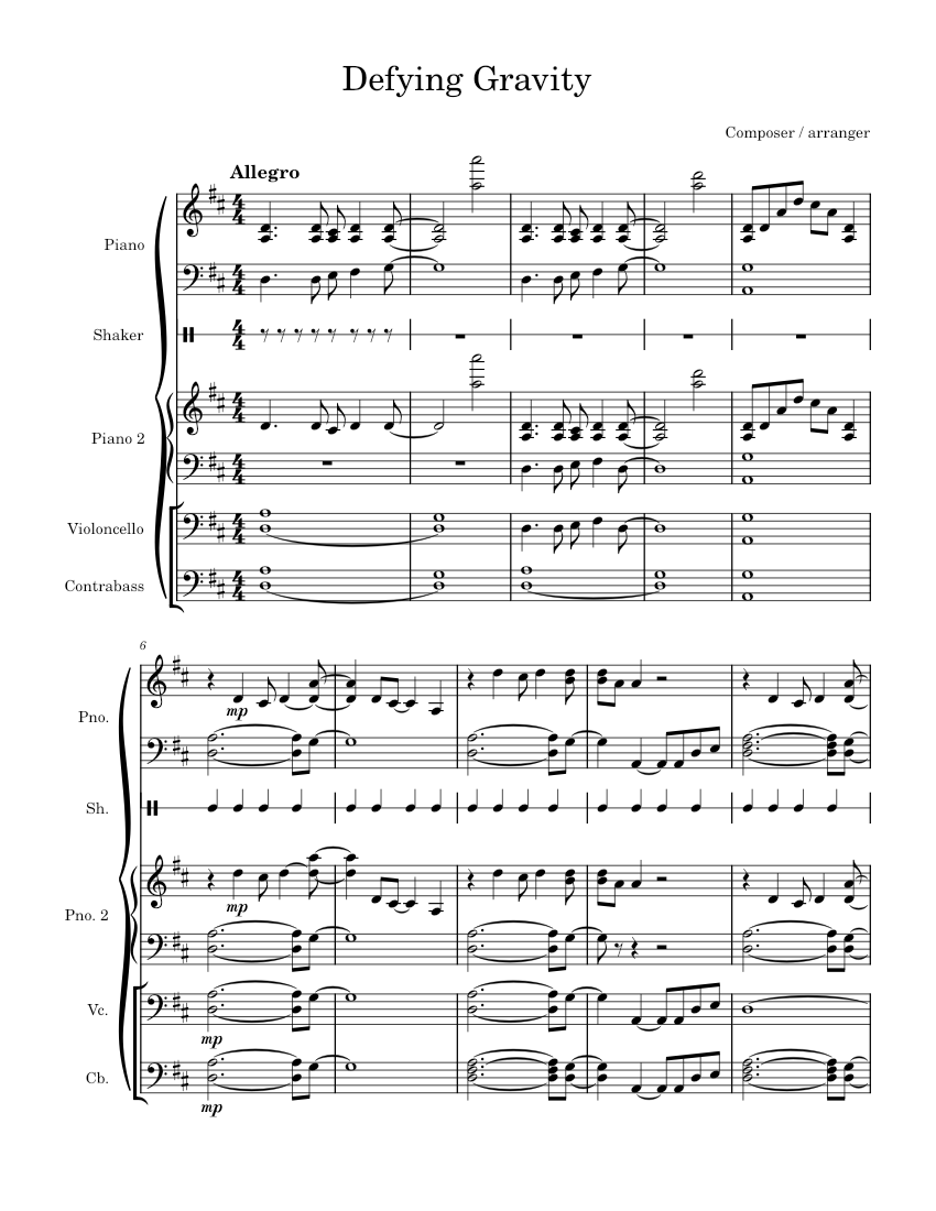 Defying Gravity Sheet Music for Piano, Cello, Drum group, Woodwinds ...