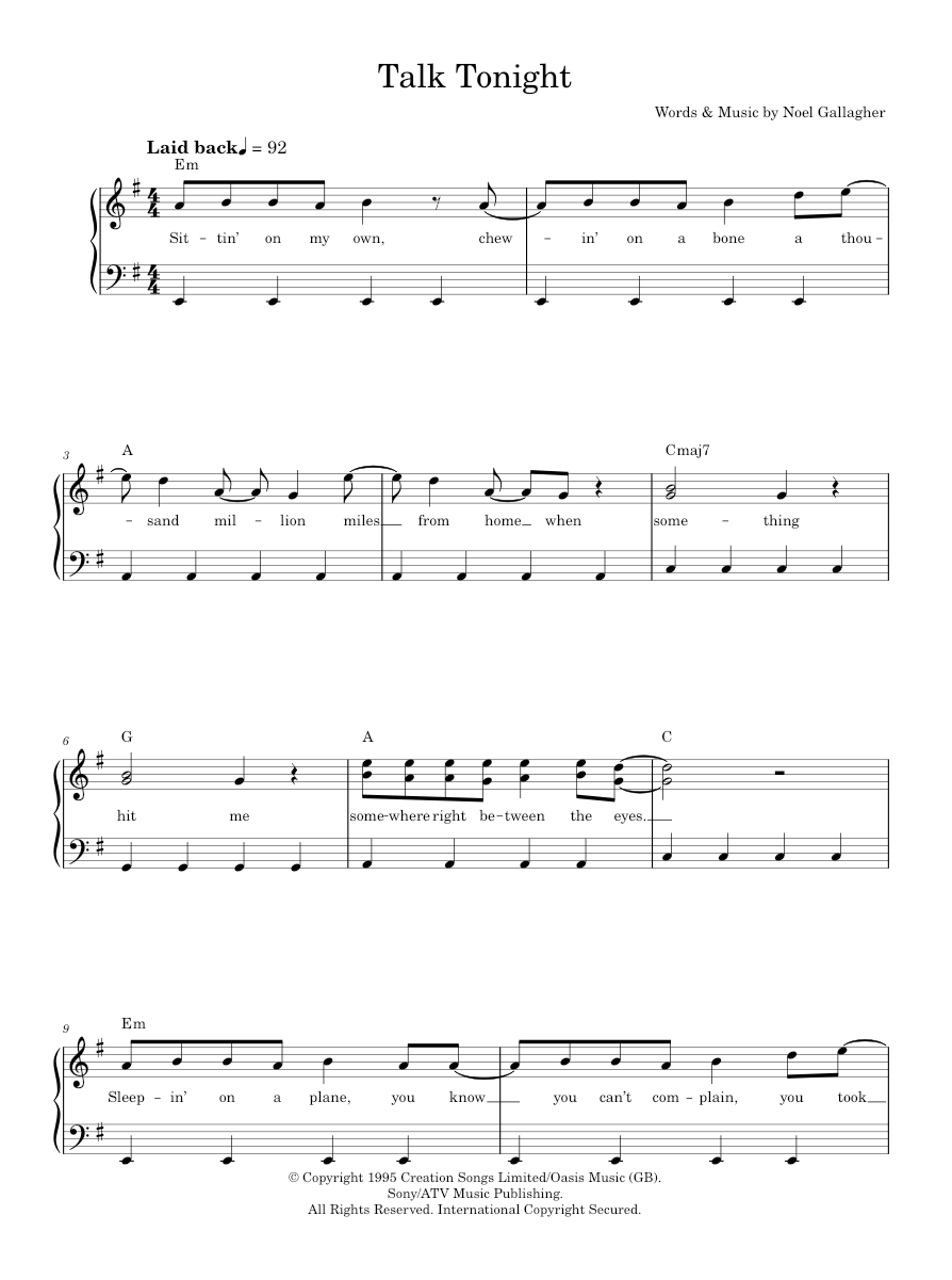 Play Official version of Talk tonight Sheet Music by Oasis for Piano ...