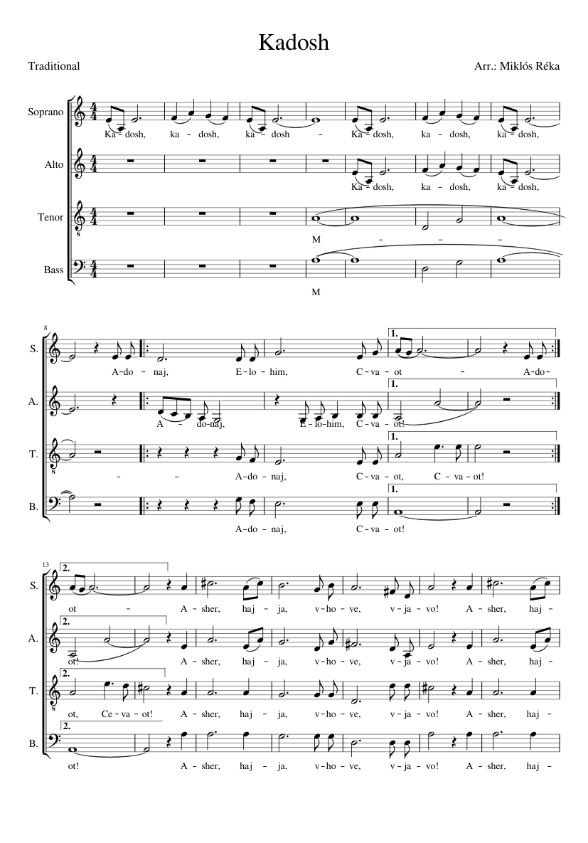 Kadosh Sheet Music for Soprano, Alto, Tenor, Bass voice (SATB ...