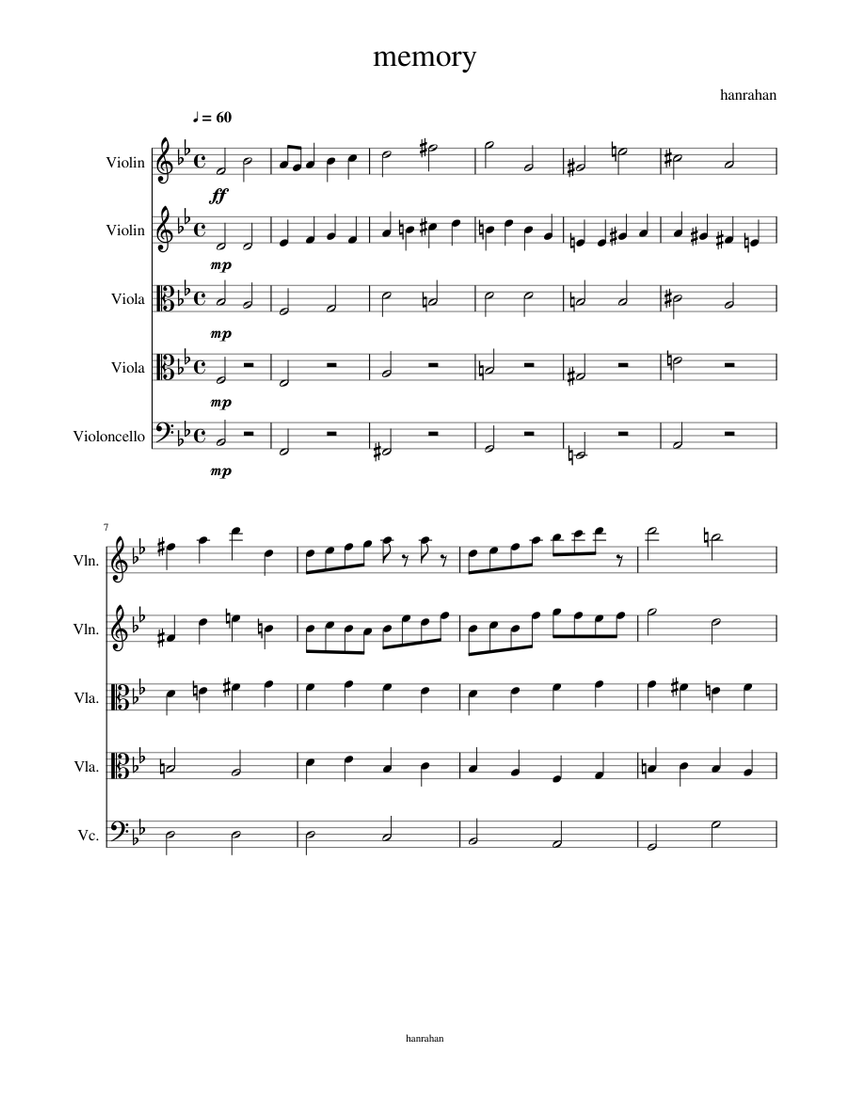 memory Sheet music for Violin, Viola, Cello (String Quintet ...
