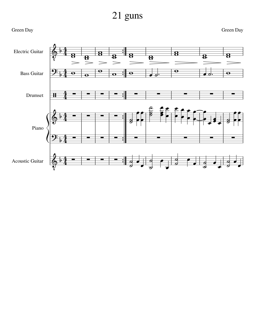 21 Guns Sheet music for Piano, Guitar, Bass guitar, Drum group (Mixed ...