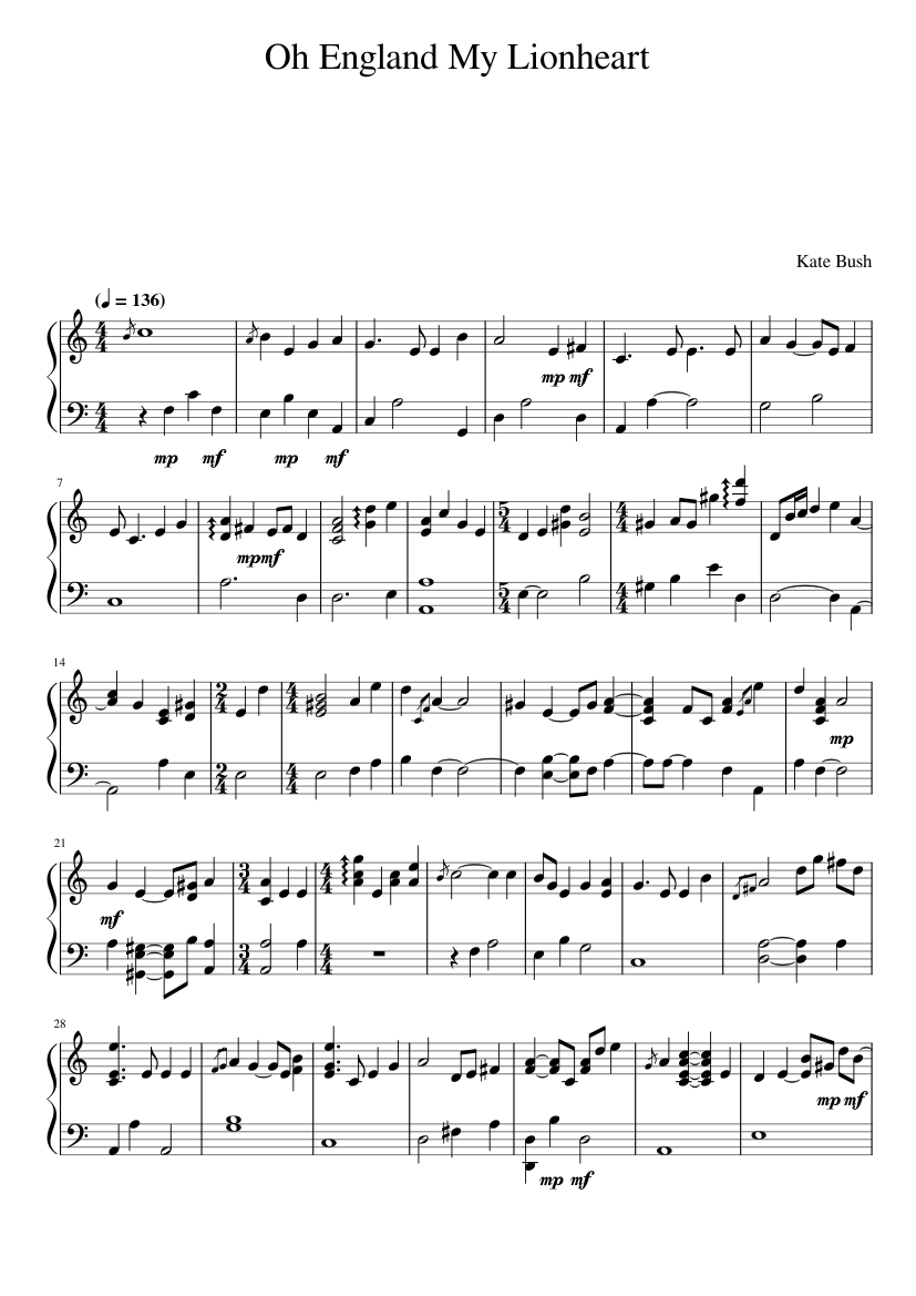Oh england my lionheart – Kate Bush Sheet music for Piano (Solo ...