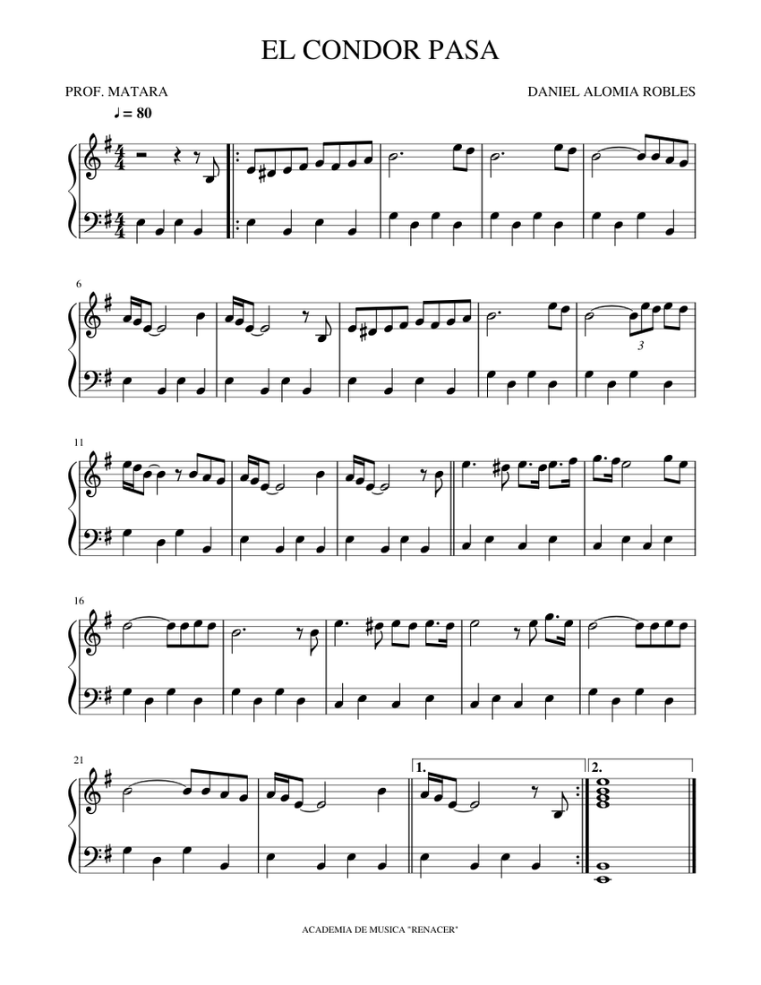 EL CONDOR PASA Sheet music for Piano (Solo) | Musescore.com