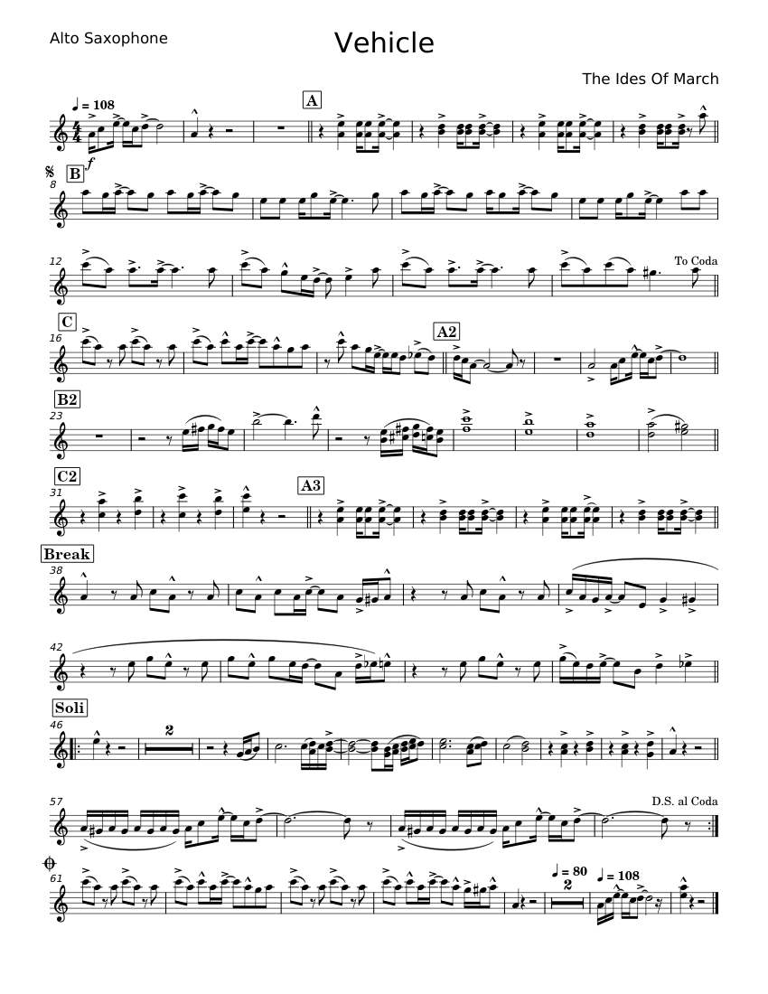 Vehicle - The Ides of March Sheet Music for Saxophone alto (Solo ...