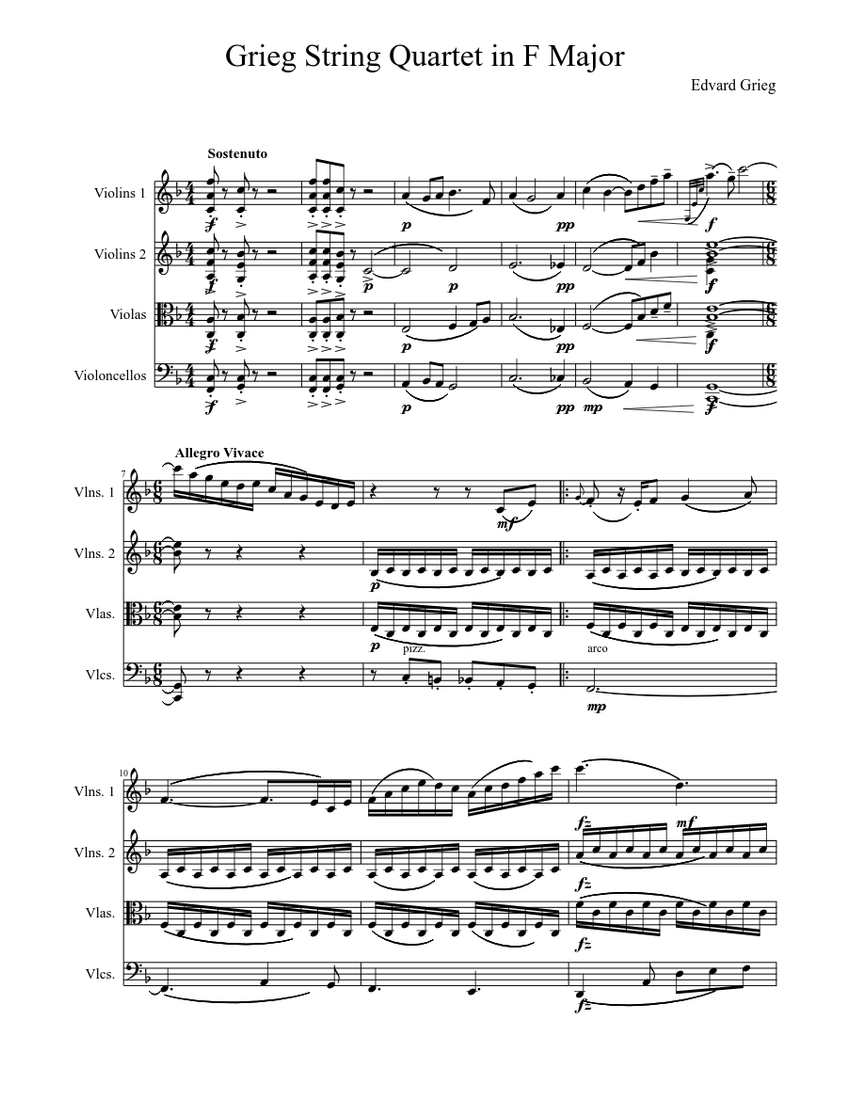 Grieg String Quartet No. 2 in F major Sheet music for Strings group (Mixed Quartet) | Musescore.com