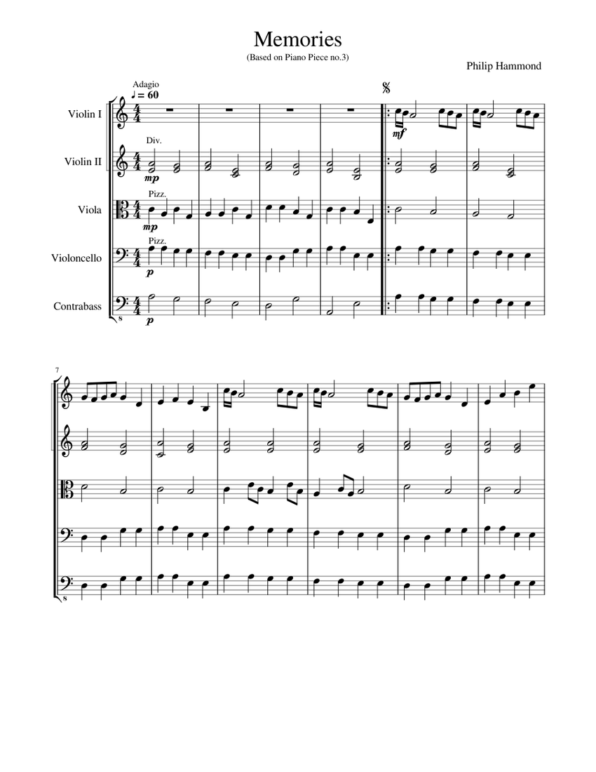 Memories Sheet Music For Contrabass Violin Viola Cello String 2345