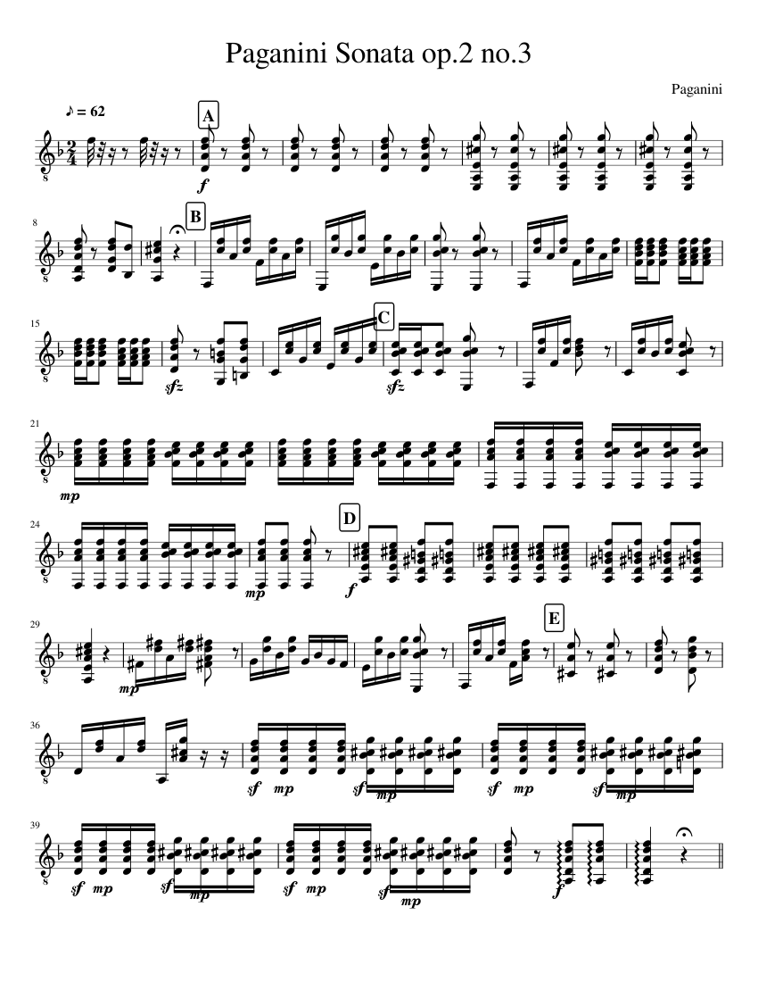 Paganini Violin Guitar duet sonata op2 no.3 minus violin Sheet music for Guitar (Solo ...