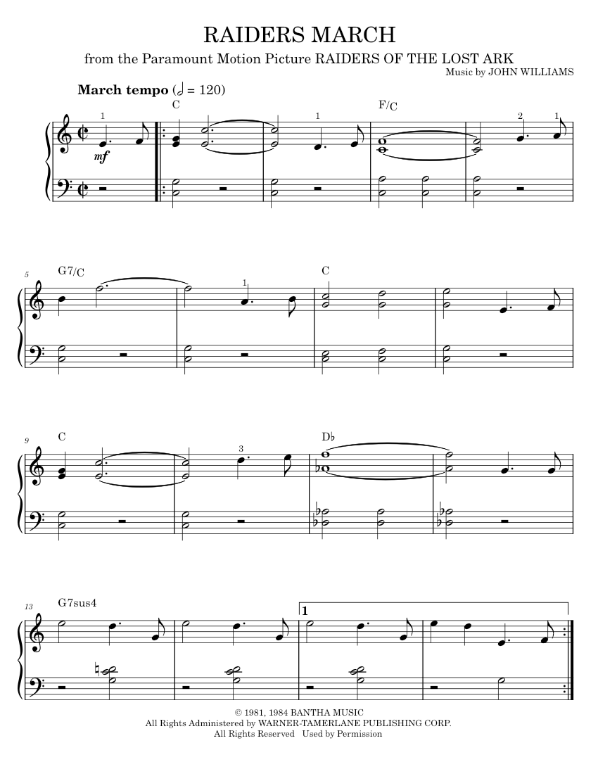 Play Official version of Raiders March Sheet Music by John Williams for ...