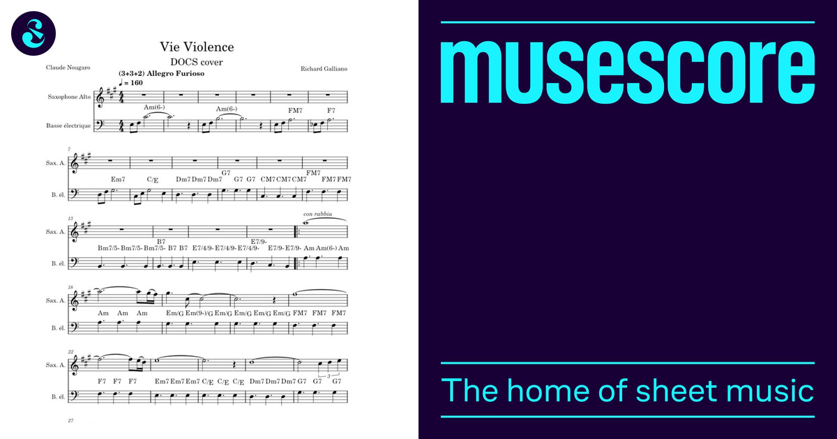 Vie Violence Sheet music for Saxophone alto, Bass guitar (Mixed Duet ...