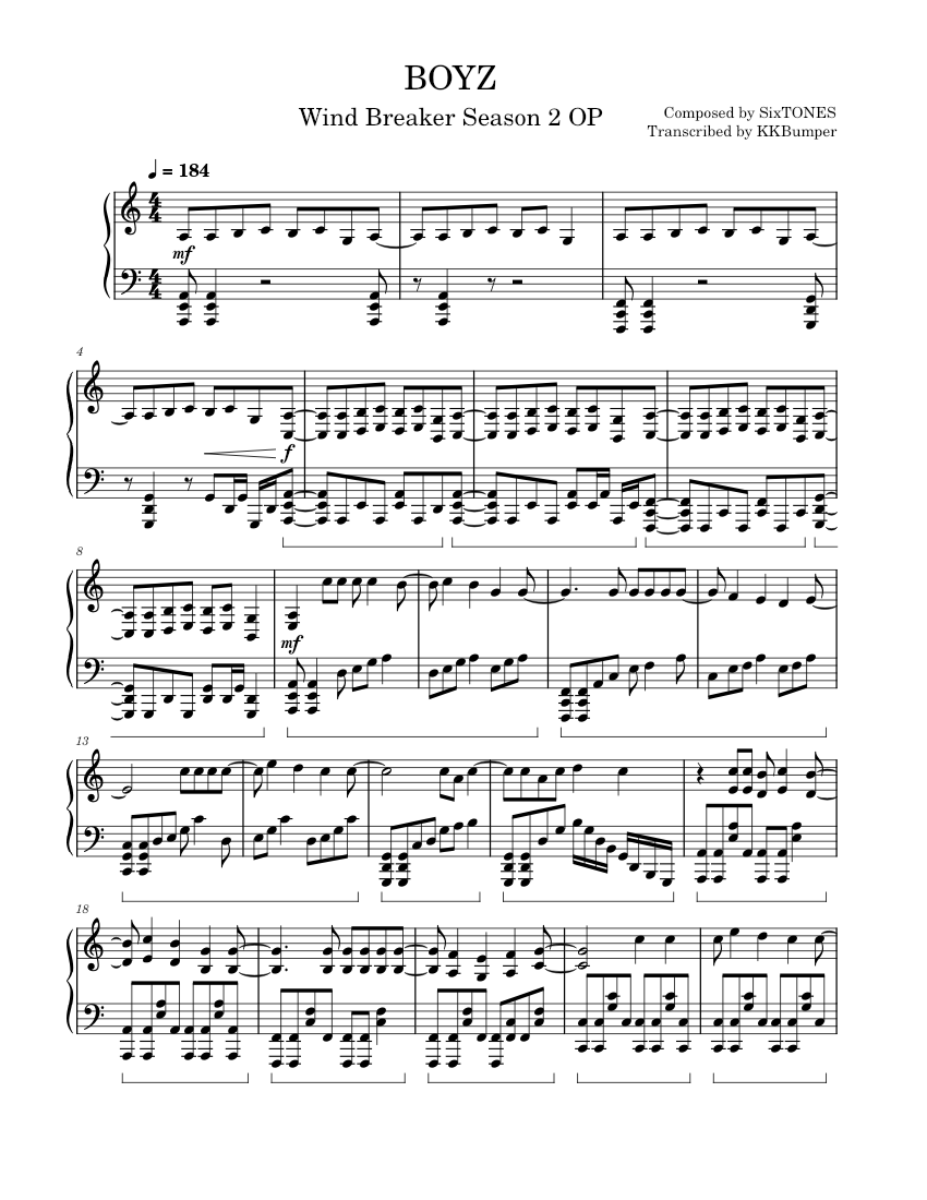 BOYZ – Wind Breaker Season 2 OP Sheet Music for Piano (Solo ...