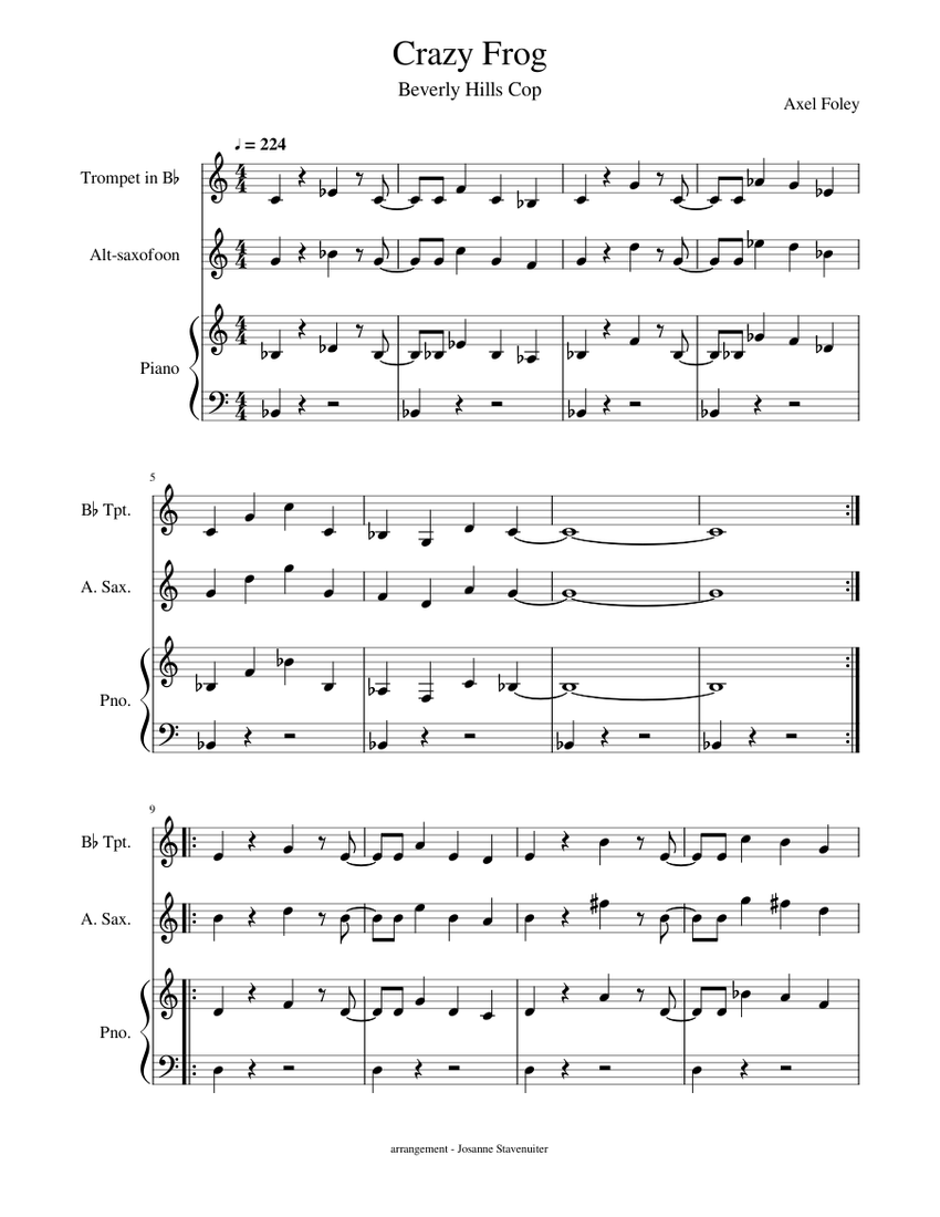 Crazy Frog trompet en alt saxofoon Sheet music for Piano, Saxophone ...