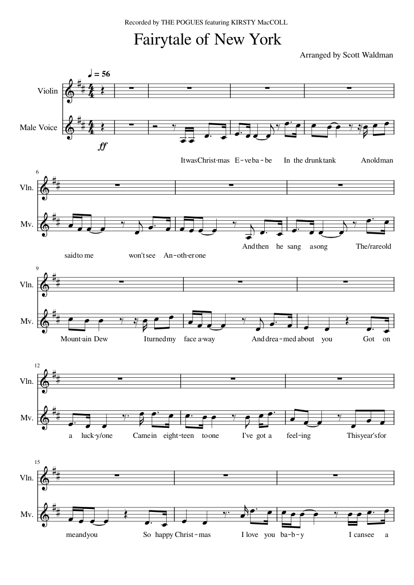 Fairytale of New York Sheet music for Violin, Synthesizer (Mixed Duet ...