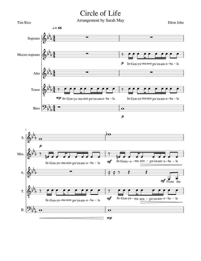 Circle of Life Sheet music for Soprano, Alto, Tenor, Bass voice & more ...