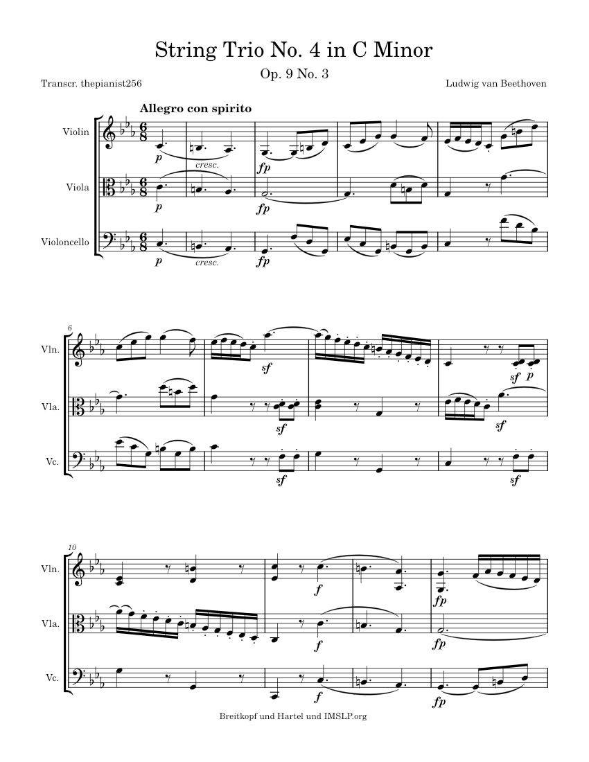 String Trio in C minor, Op.9 No.3 – Ludwig van Beethoven Sheet Music ...