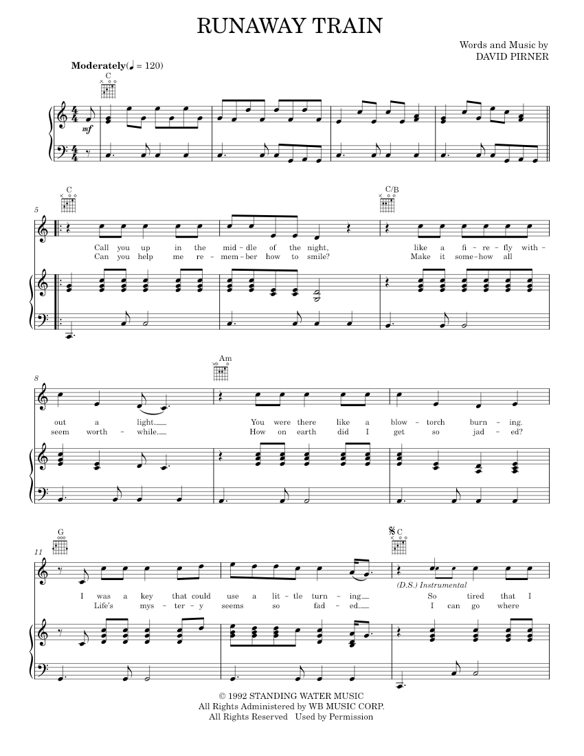 runaway train Sheet music for Piano, Vocals: Music Notes