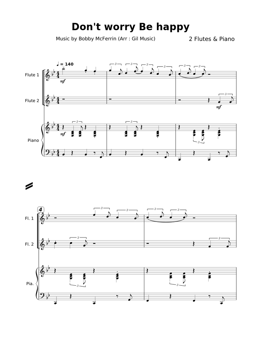 Don't worry, be happy – Bobby McFerrin | 2 Flutes and Piano Sheet music ...