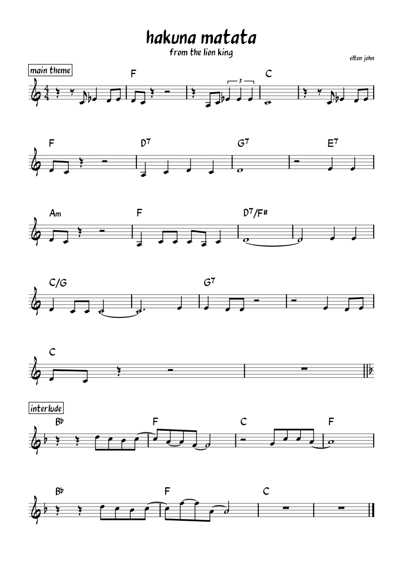 lion king - elton john - hakuna matata - leadsheet Sheet music for ...