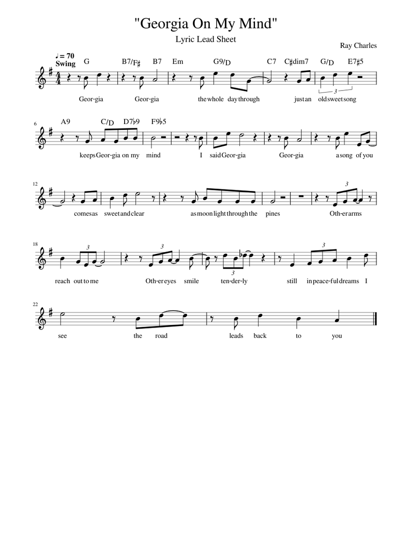 Georgia On My Mind - Lyric Lead Sheet Sheet music for Piano (Solo ...