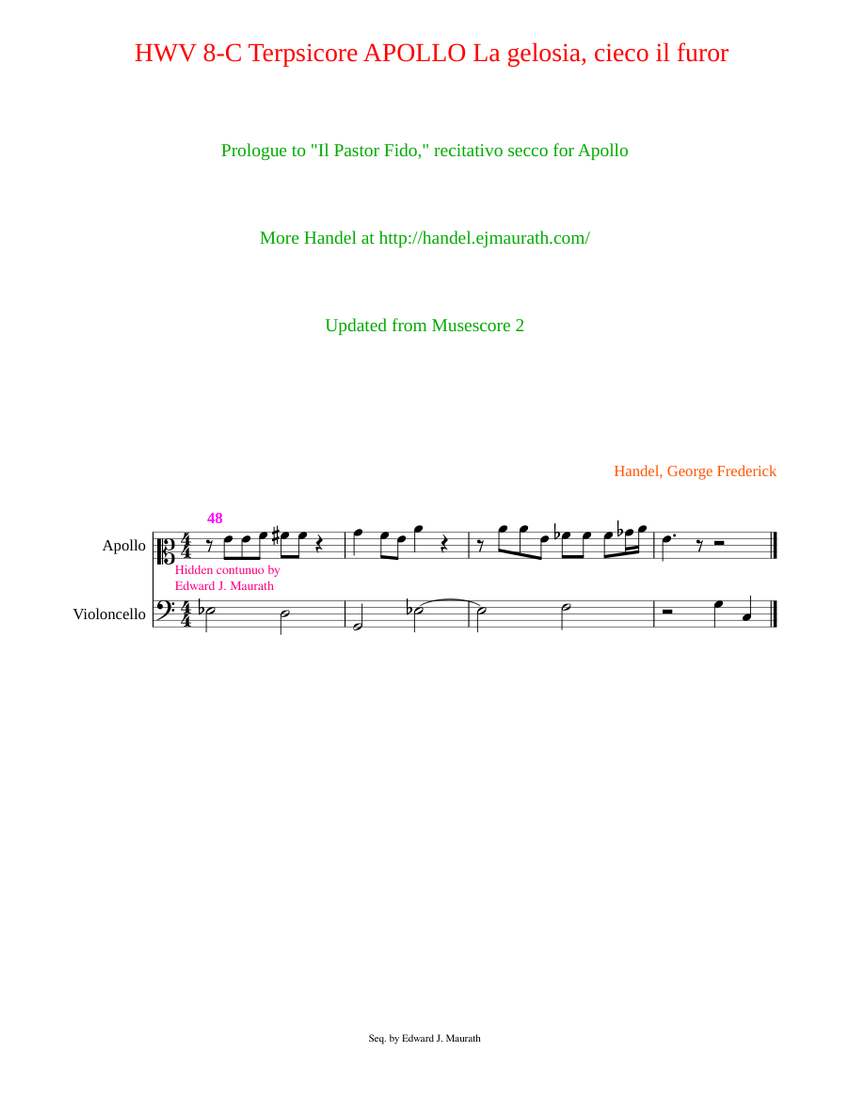 HWV8A0N15 - La gelosia, cieco il furor (Apollo) recitativo secco Sheet ...
