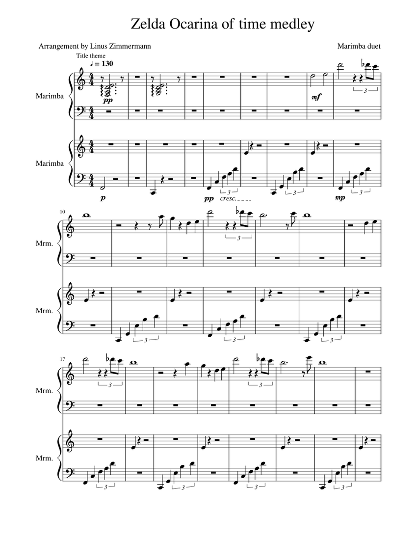 Zelda Ocarina of time medley Sheet music for Marimba (Percussion Duet ...