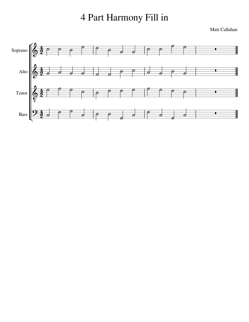 4 Part Harmony Fill in Sheet music for Soprano, Alto, Tenor, Bass voice ...